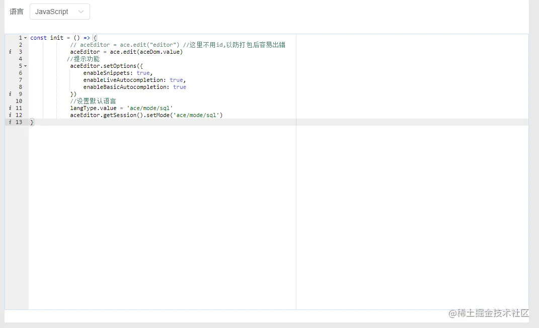 vue3中使用 ACE editorACE 在线代码编辑器 为什么要用ACE? ACE方便页面上编写代码,能够提供Jav - 掘金 vue3中使用 ACE editorACE 在线代码编辑器 为什么要用ACE? ACE方便页面上编写代码,能够提供Jav - 掘金