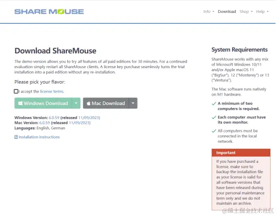 ShareMouse（多台计算机共享鼠标键盘）前言 由于工作需要，在公司需要操控2台电脑办公，1台mac和1台windo - 掘金