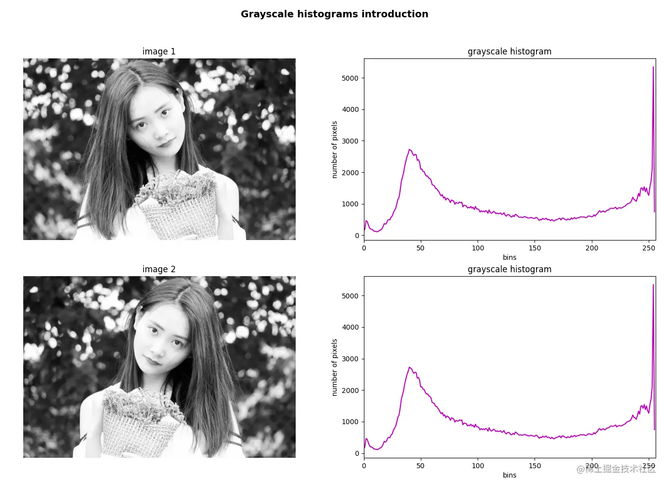 OpenCV灰度直方图详解OpenCV 中使用 cv2.calcHist() 函数来计算一个或多个数组的直方图。因此，该 - 掘金