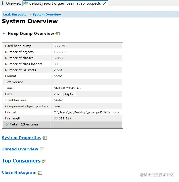 JVM系列(二十七) JVM调优实战-MAT内存分析Dump文件-SystemOverview本文介绍使用MAT对OOM - 掘金