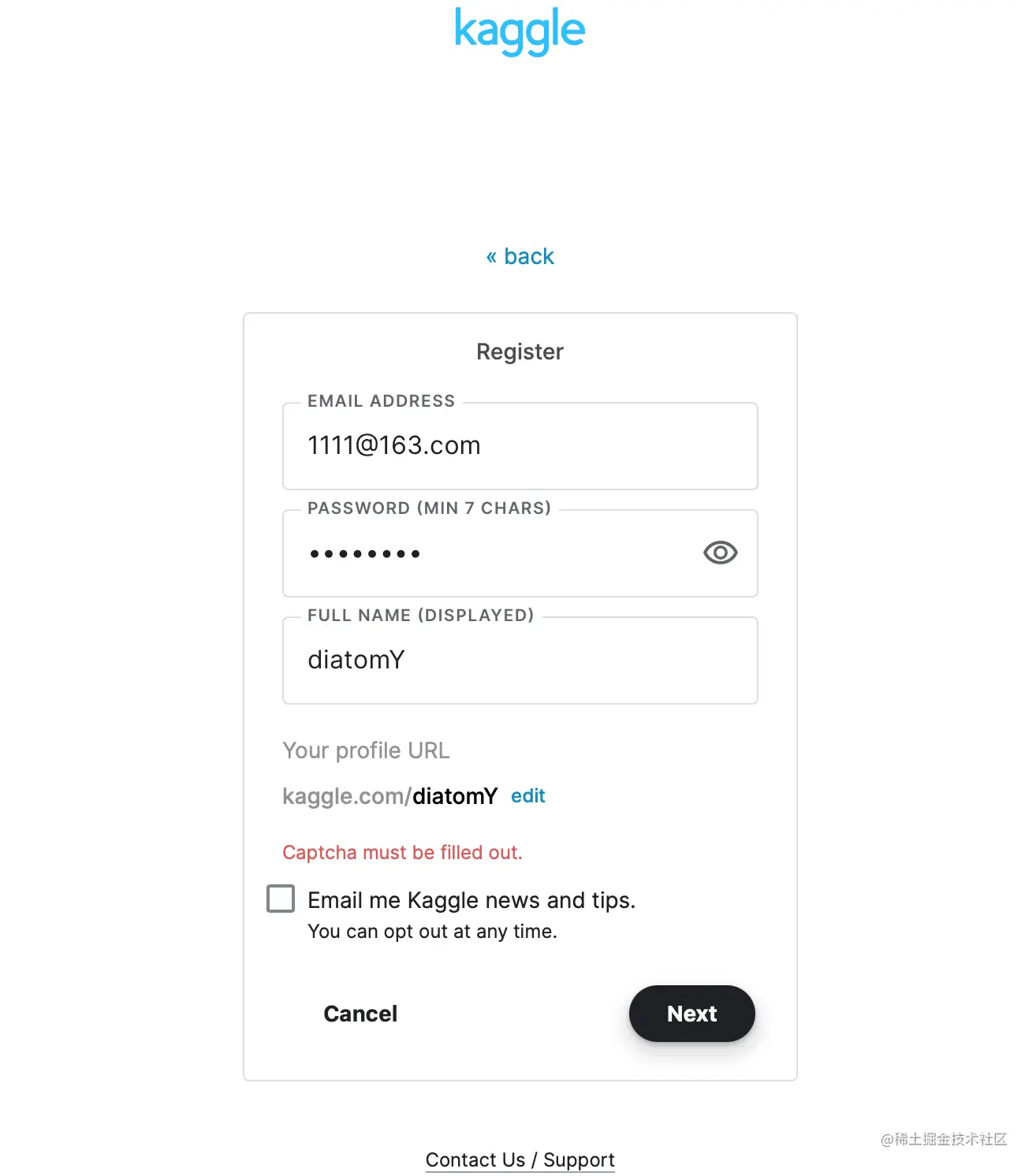 Kaggle网站注册问题在kaggle官网注册的时候一直显示一行红字Captcha must be filled out - 掘金