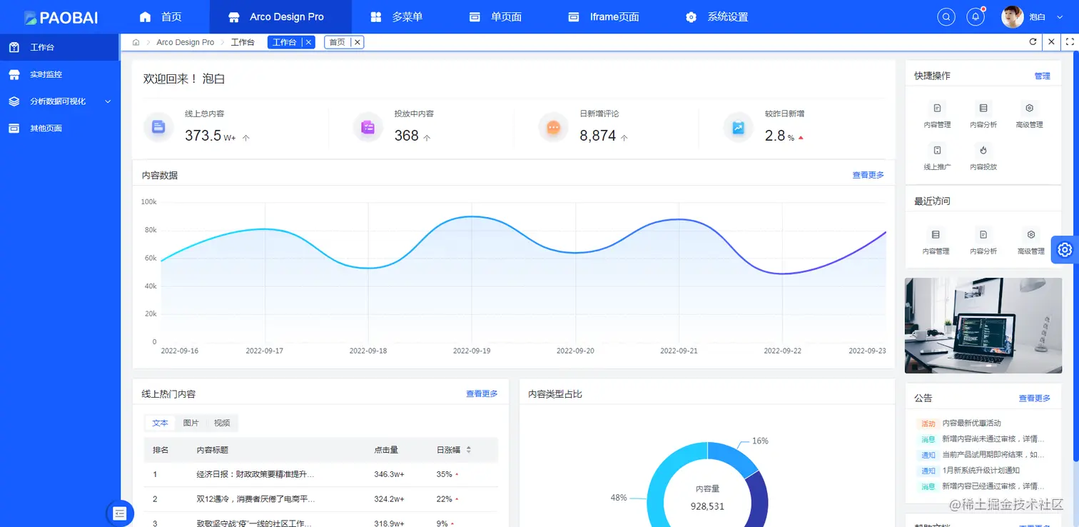 Paobai 字节开源arco Design Ui Vue3 的admin系统 🎉🎉简介 Vue Paobai 掘金 