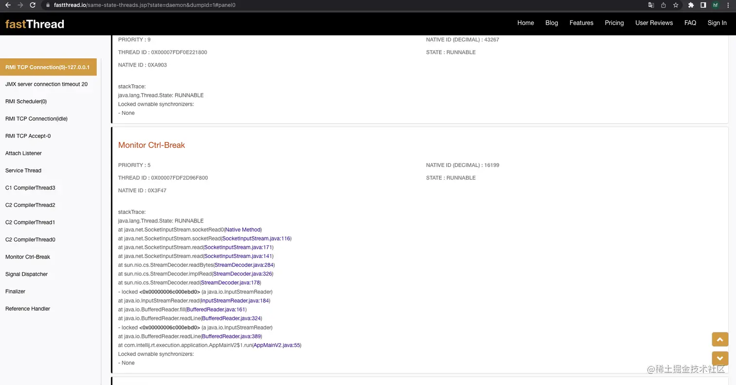 fastthread使用关于fastthread的介绍直接看官方首页就行： 及时根本原因分析 在线线程转储分析 出色的U - 掘金