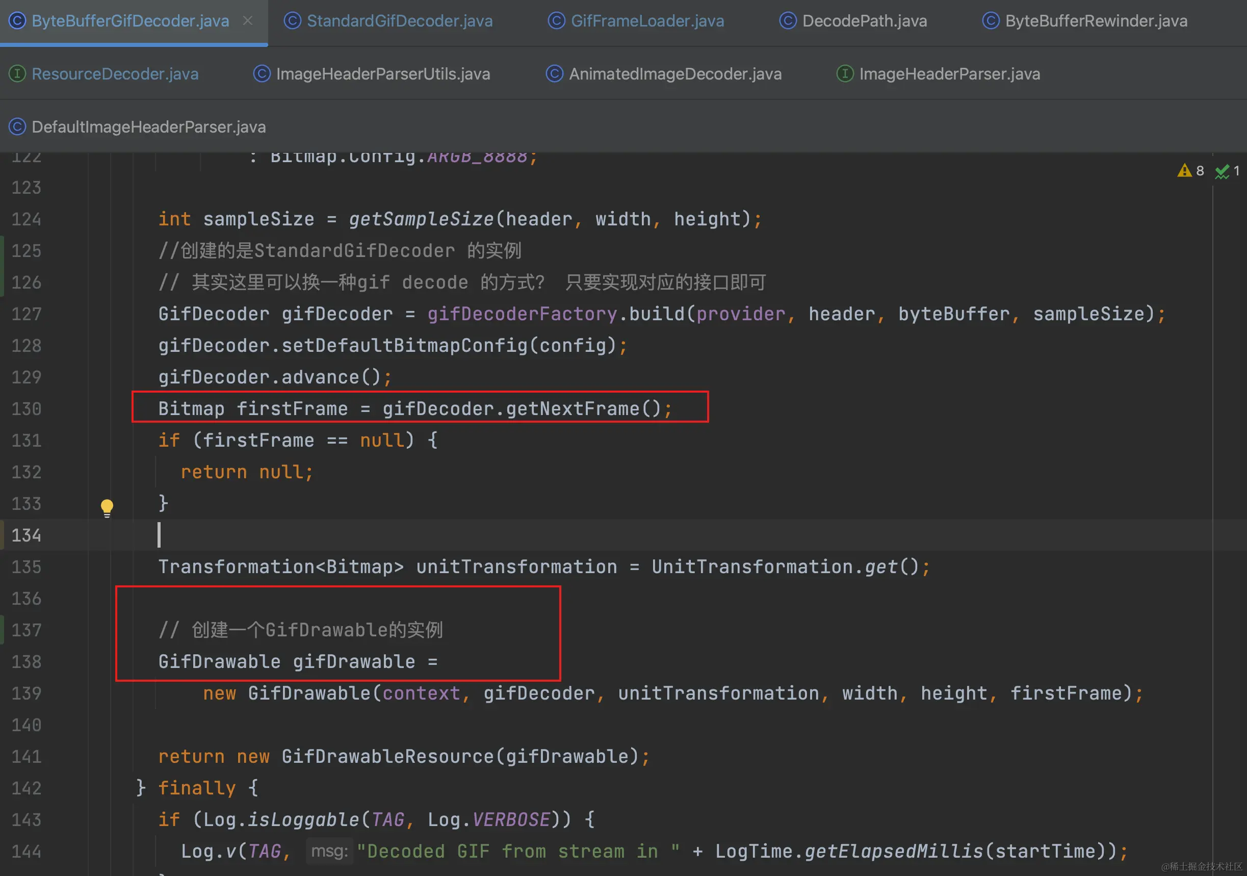 Glide 加载 Gif 动画的一些细节分析识别gif 可以先粗看一下调用链，这个对我们分析问题很有帮助 可以看出来 是 - 掘金